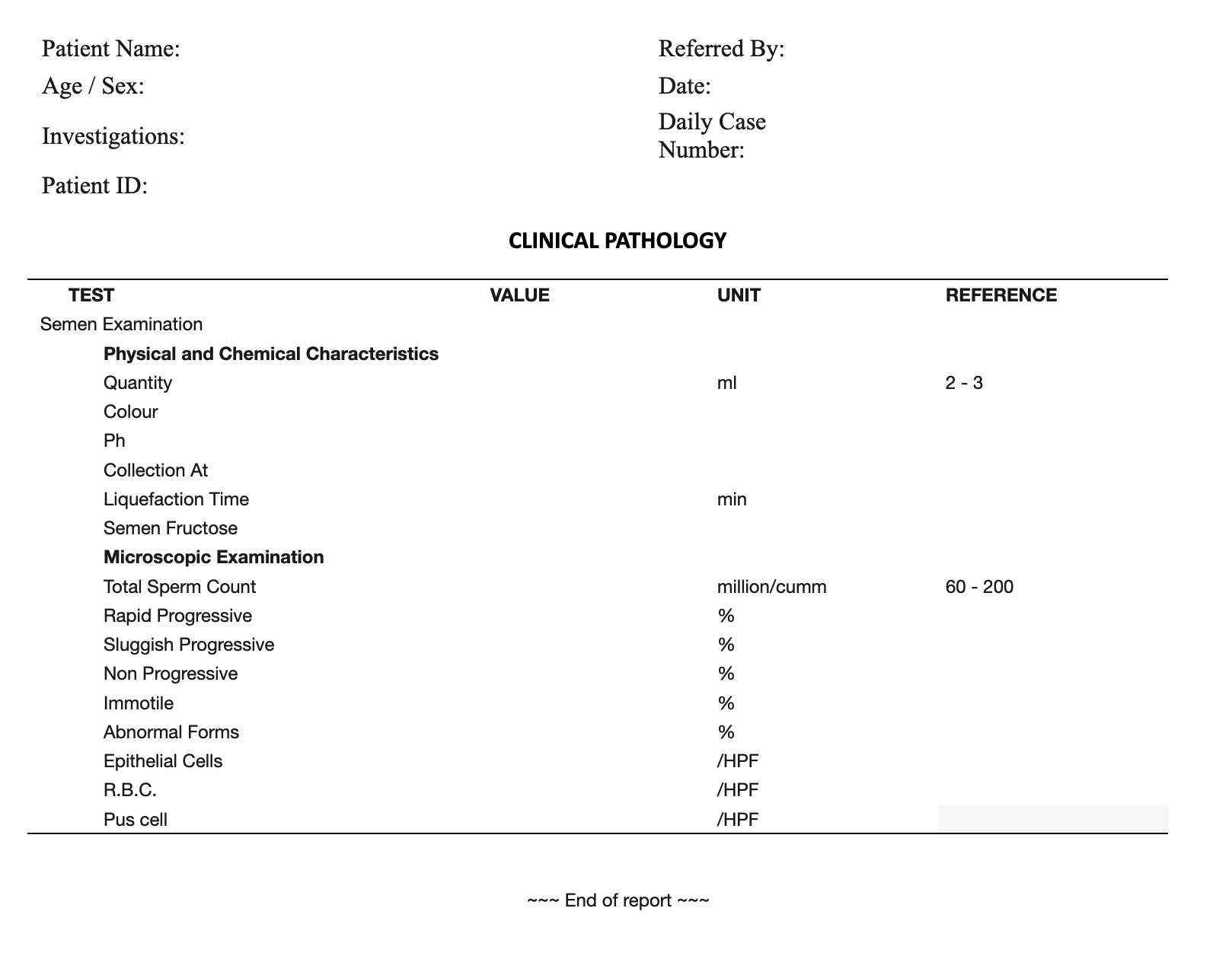 Semen Examination Report Format Ms Word Pdf