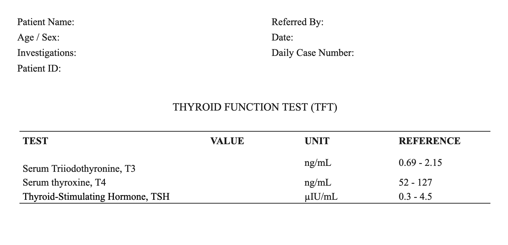 Thyroid Function Test (TFT) Report Format | MS Word & Pdf