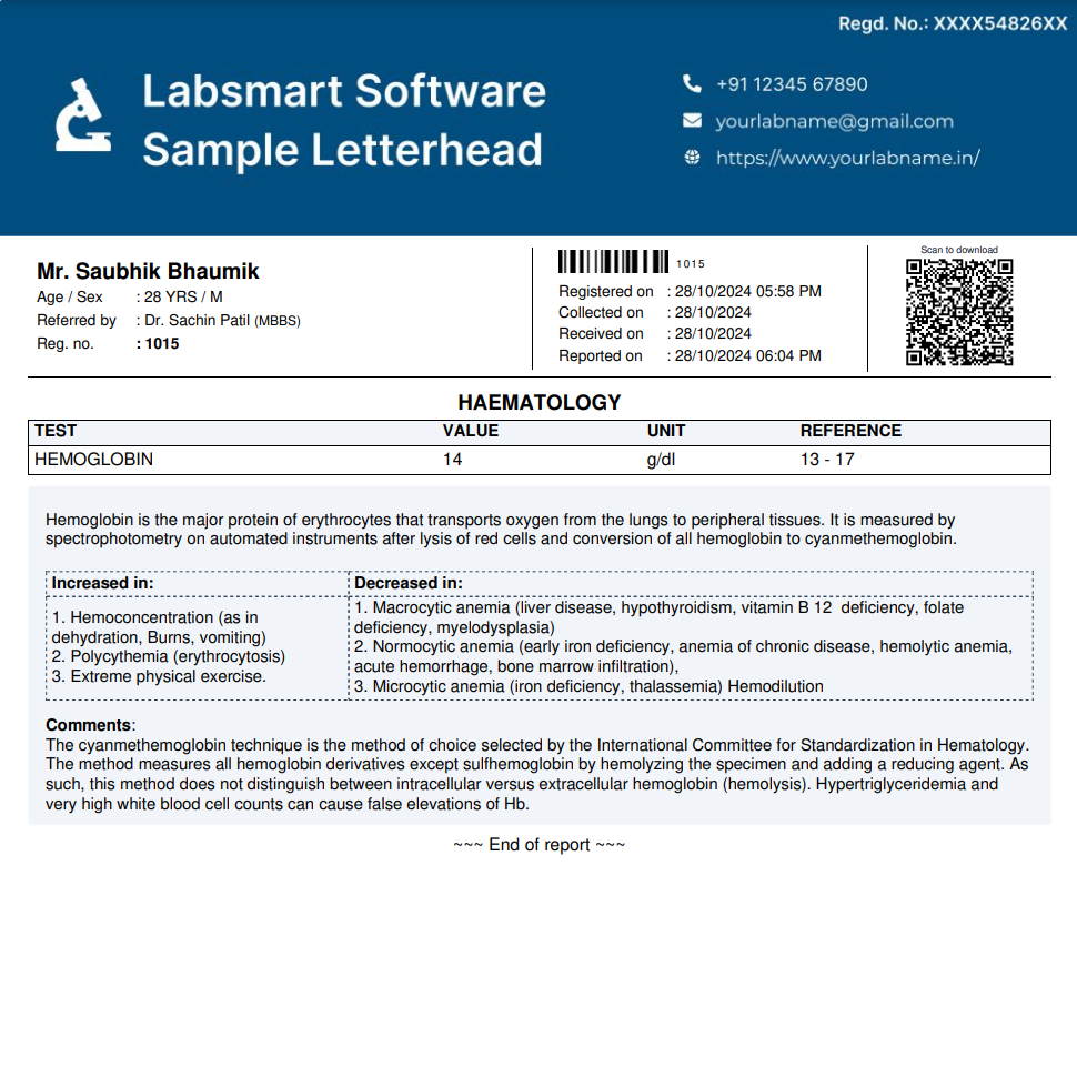 Hemoglobin (Hb) Report Format | MS Word & Pdf