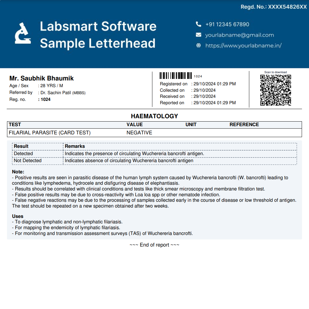 Filarial Parasite (Card Test) Report Format | MS Word & Pdf