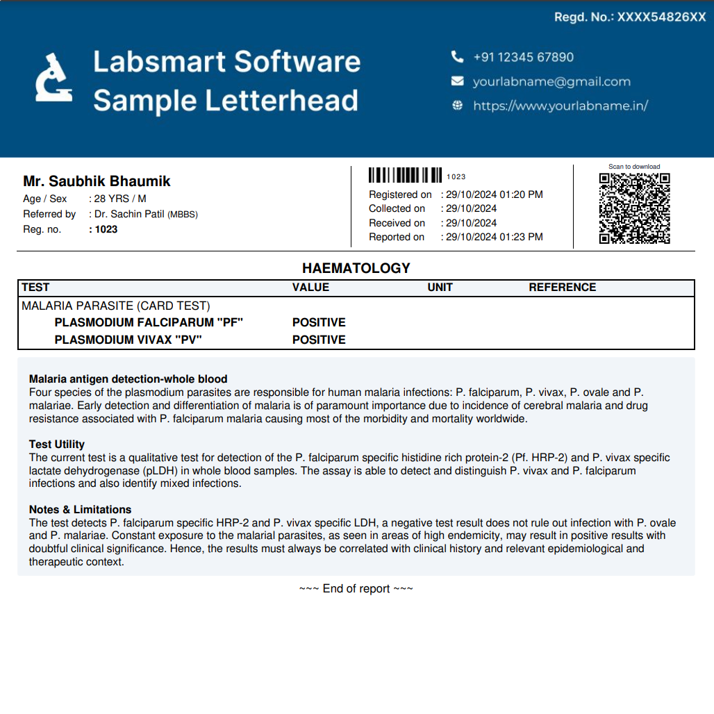 Malaria Parasite (Card Test) Report Format | MS Word & Pdf