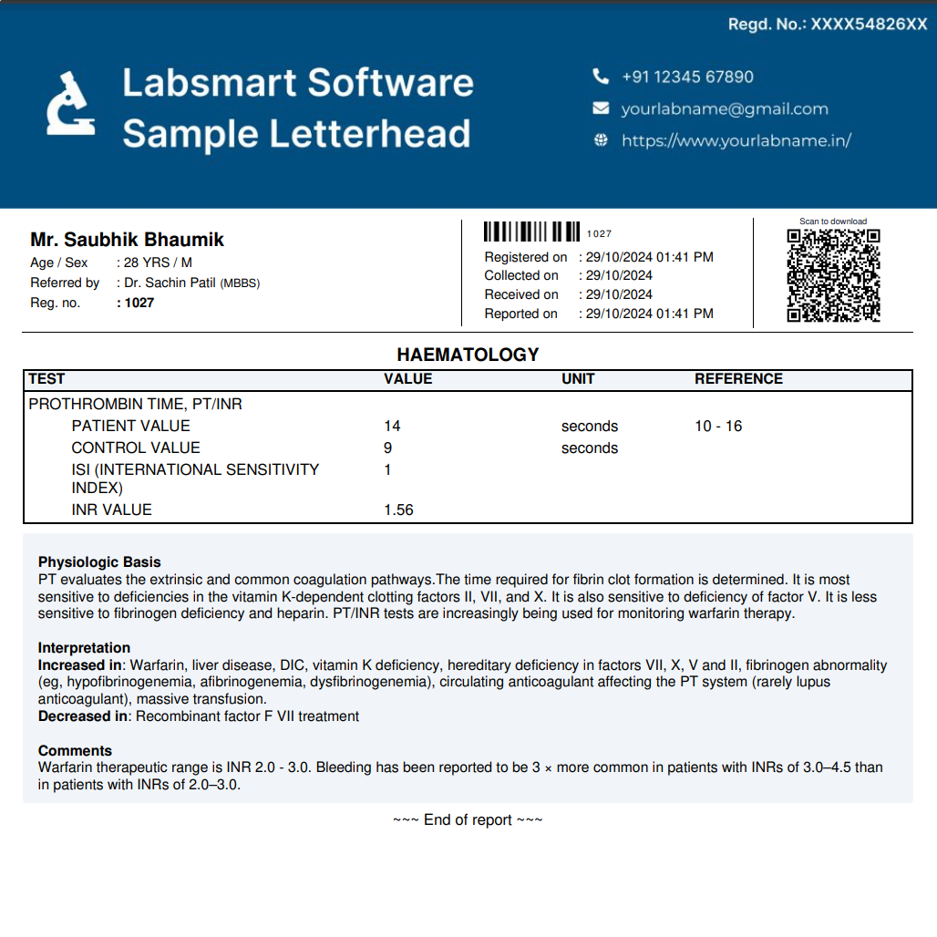 Prothrombin time, PT/INR Report Format | MS Word & Pdf
