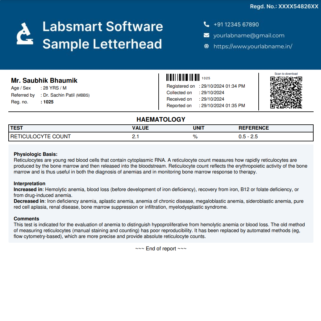 Reticulocyte Count Report Format | MS Word & Pdf